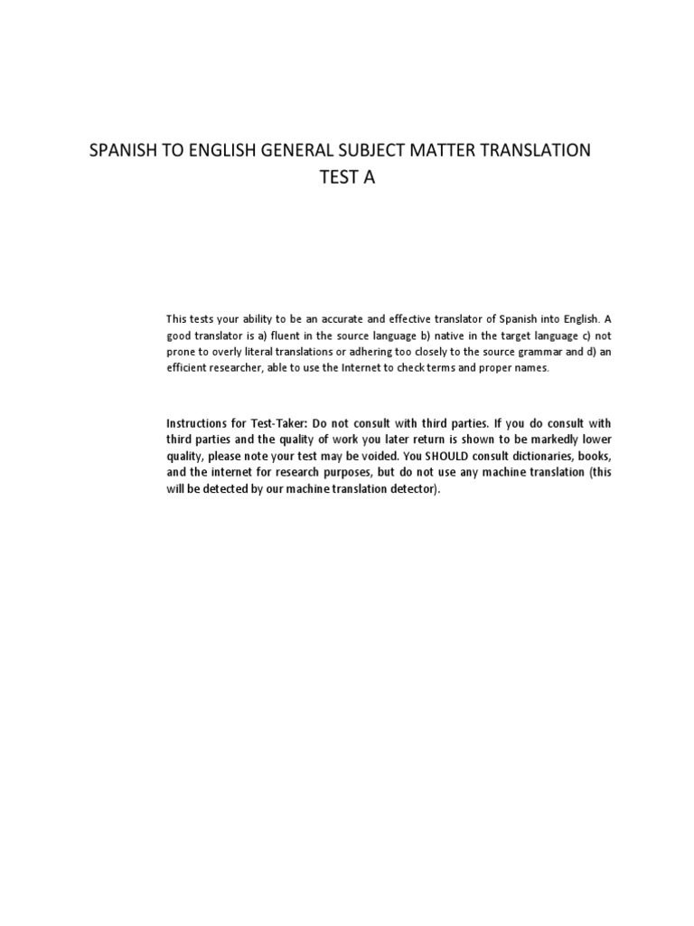 Spanish To English General Subject Matter Translation Practice Test ...