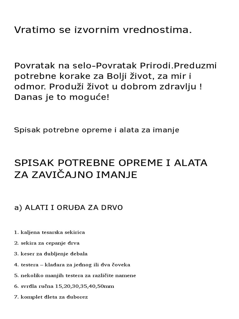 Spisak Potrebne Opreme I Alata Za Imanje - Vratimo Se Izvornim Vrednostima. | PDF