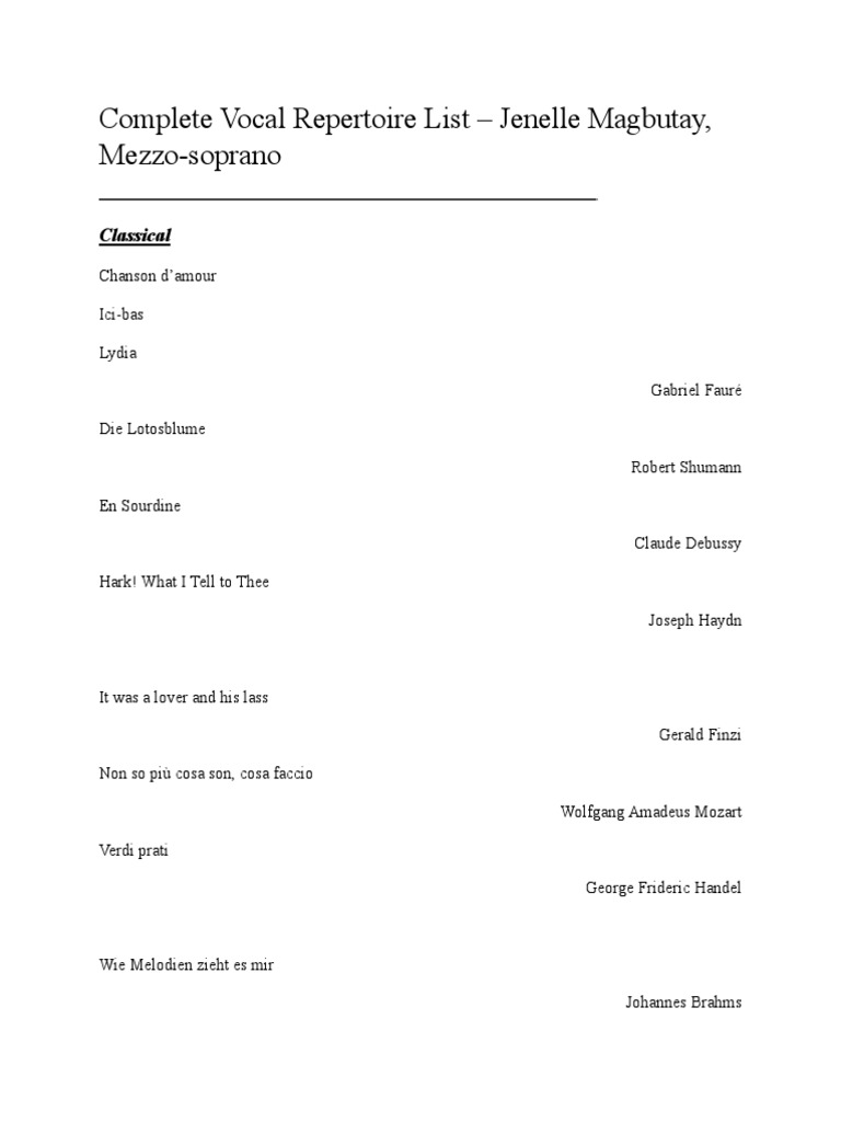 Complete Vocal Repertoire List - Jenelle Magbutay, Mezzo-Soprano | PDF