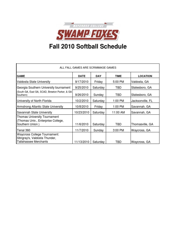 2010 Fall Softball Schedule | PDF