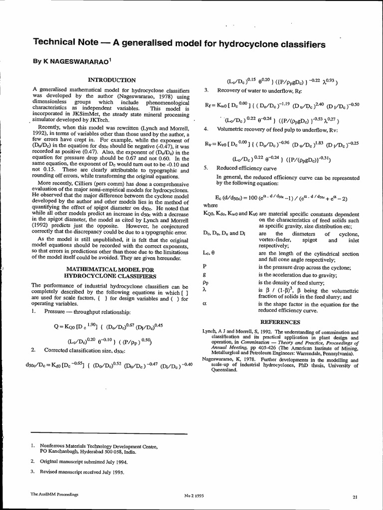 Generalised Model For Hydrocyclone Classifiers PDF | PDF | Physics ...