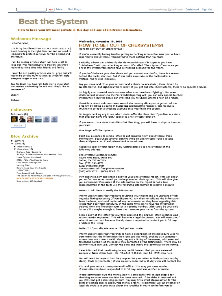 Beat The System - How To Get Out of Chexsystems! | PDF | Credit Card ...