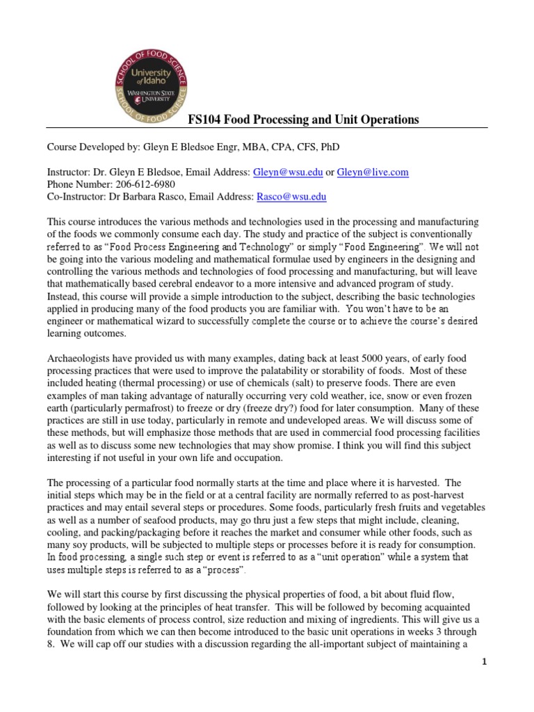 FS104 Food Processing and Unit Operations: Gleyn@wsu - Edu Rasco@wsu ...