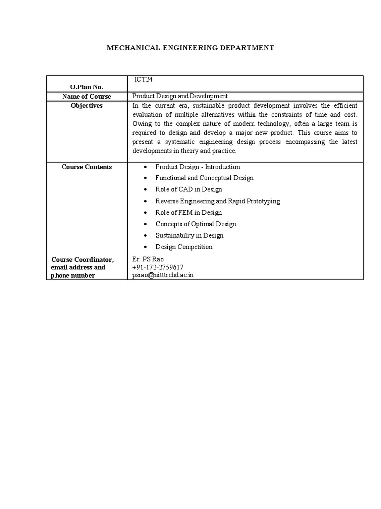 Mechanical Engineering Department: O.Plan No. Name of Course Objectives ...