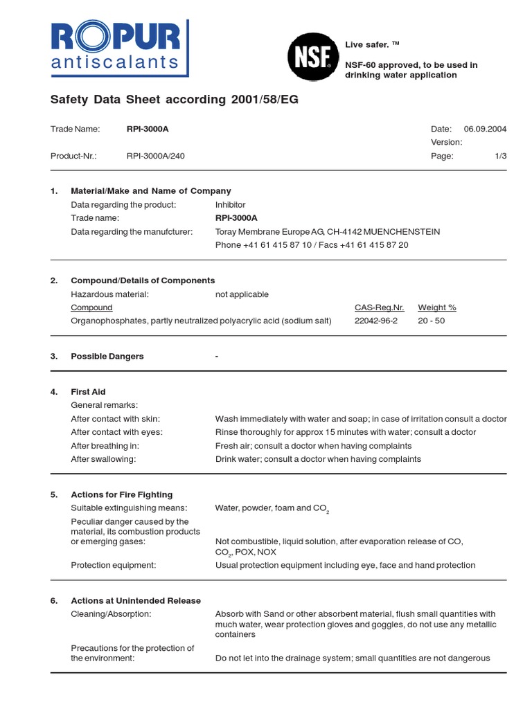Rpi 3000a Sds | PDF | Water | Chemical Substances