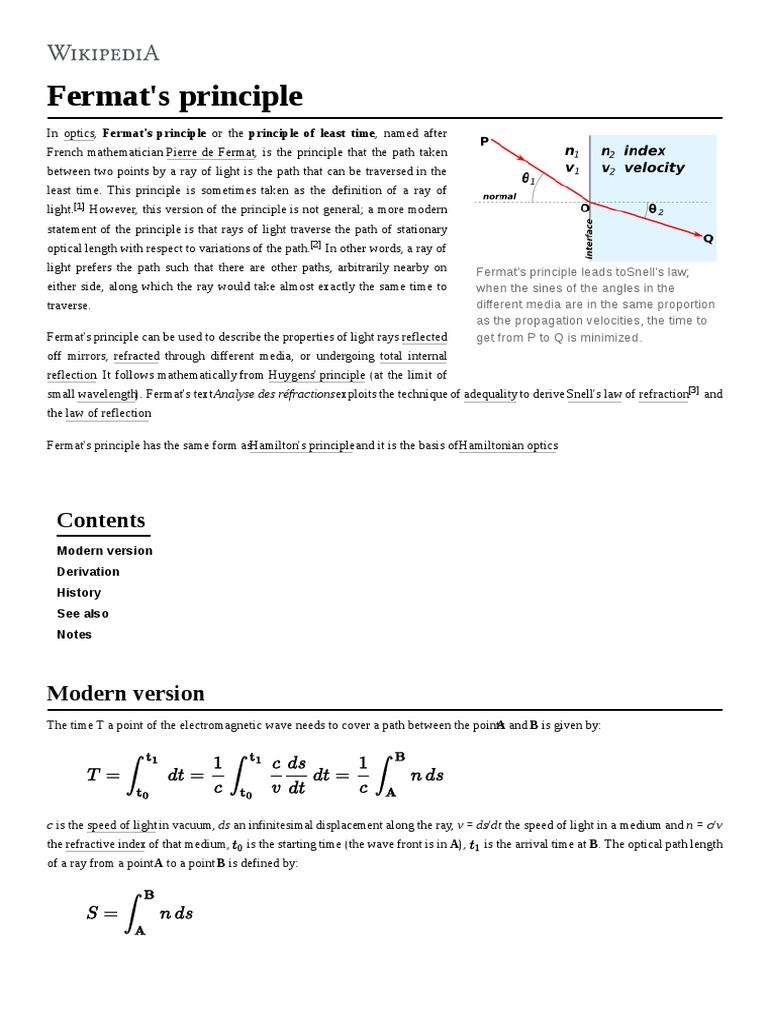 Wiki Fermat's Principle | PDF | Speed Of Light | Calculus Of Variations