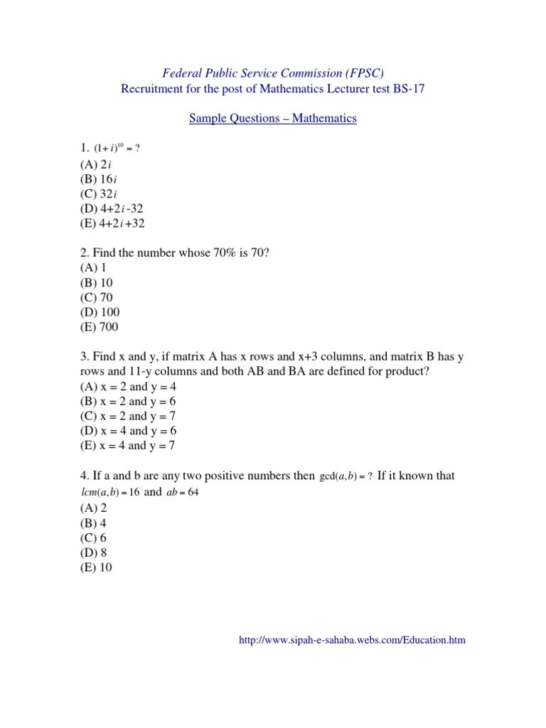 Sample Questions (1-10) FPSC Mathematics Lecturer Test BS-17 | PDF ...