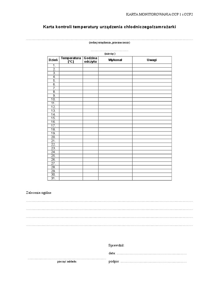 2 CCP1-2 Karta Kontroli Temperatury Urządzenia Chłodniczego, Zamrażarki | PDF