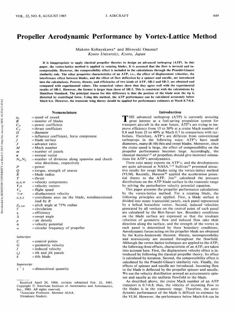 1985 - Propeller Aerodynamic Performance by Vortex-Lattice Method | PDF | Vortices | Aerodynamics