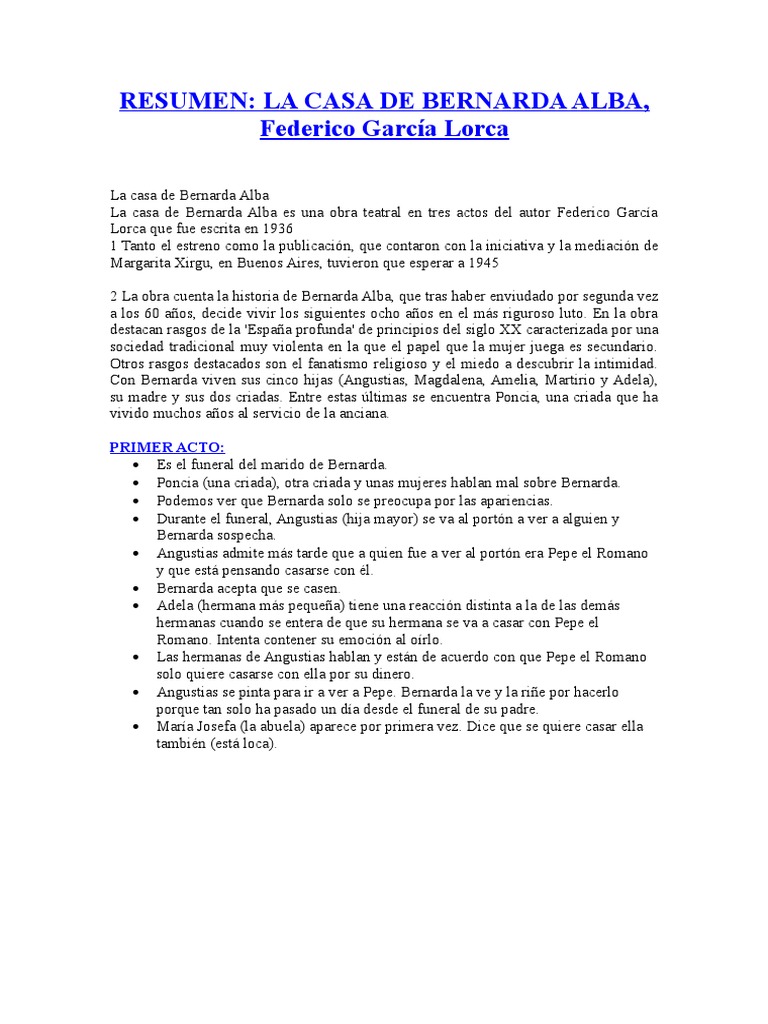 Resumen La Casa de Bernarda Alba - PRIMER ACTO | PDF
