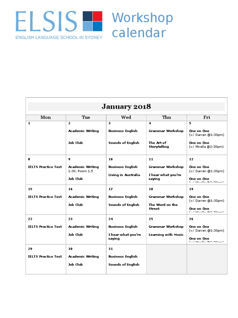 Monthly Workshop Calendar | PDF | International English Language ...