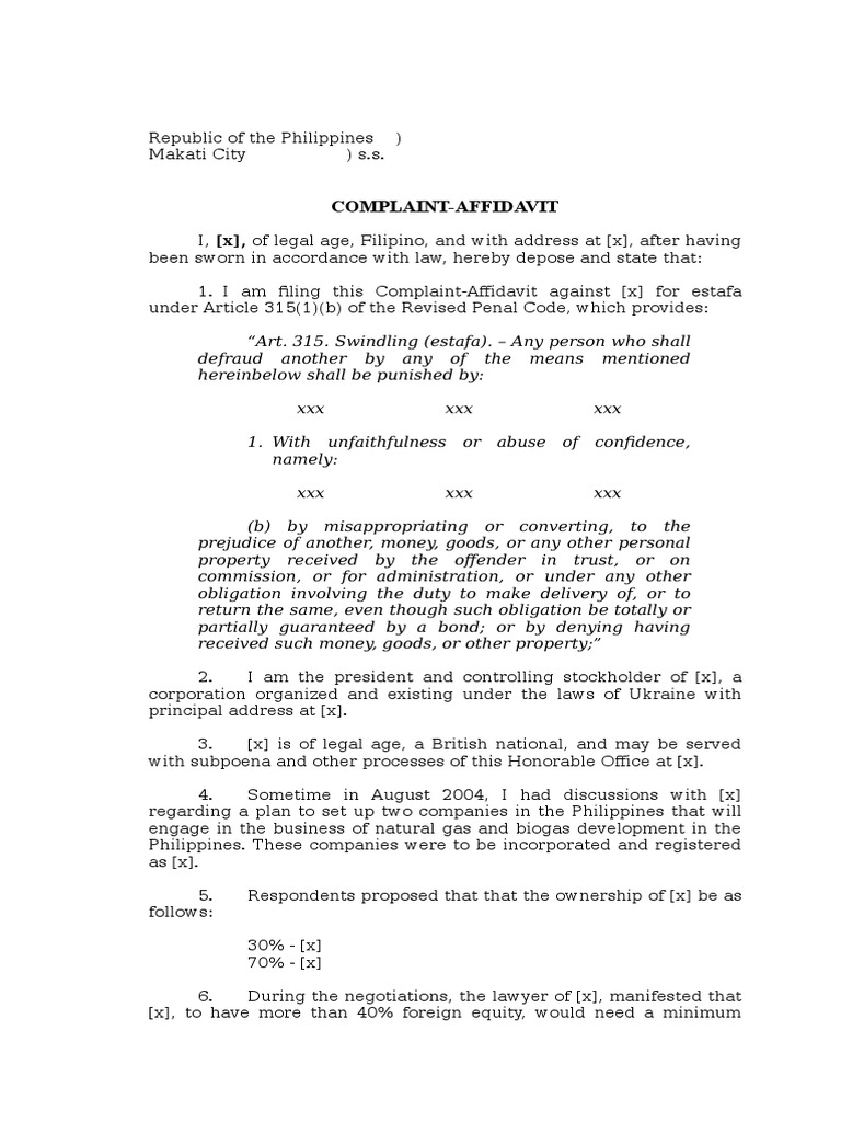 Sample Complaint Affidavit For Estafa | PDF | Board Of Directors ...