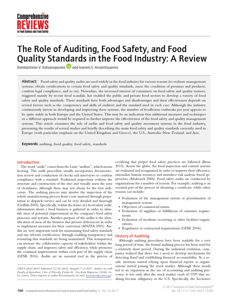 The Role of Auditing, Food Safety, and Food Quality Standards in The ...