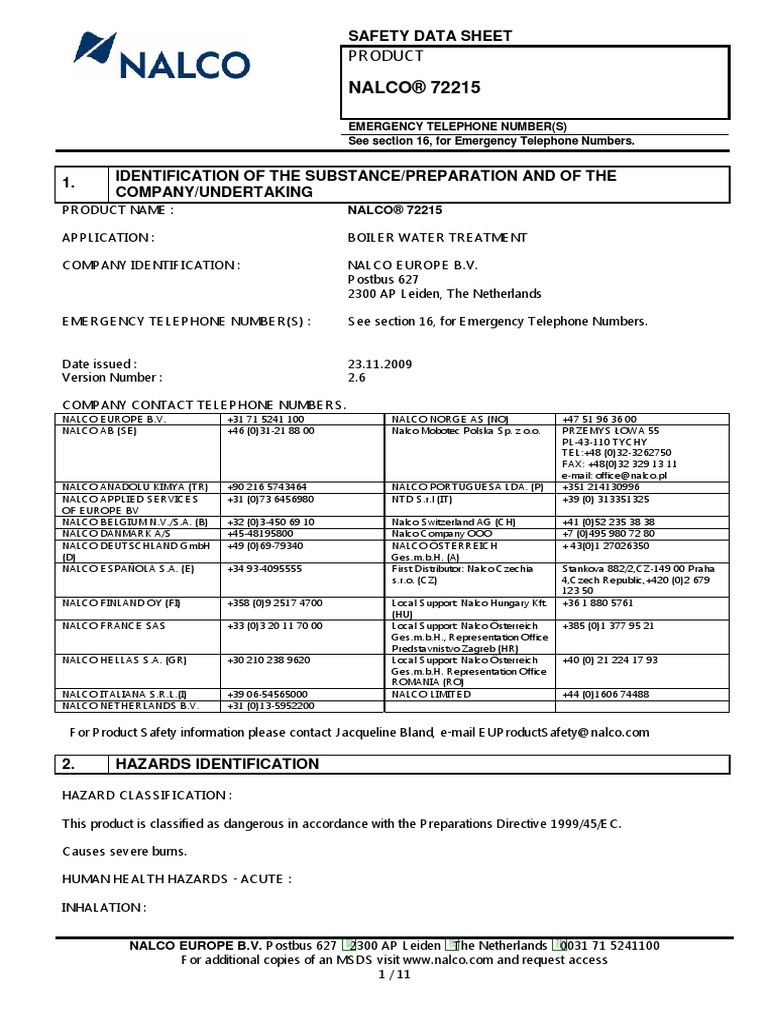 Nalco 72215 Msds | PDF | Waste Management | Dangerous Goods