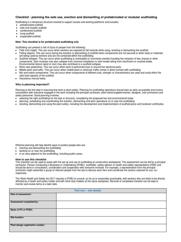 Checklist - Planning The Safe Use, Erection and Dismantling of ...