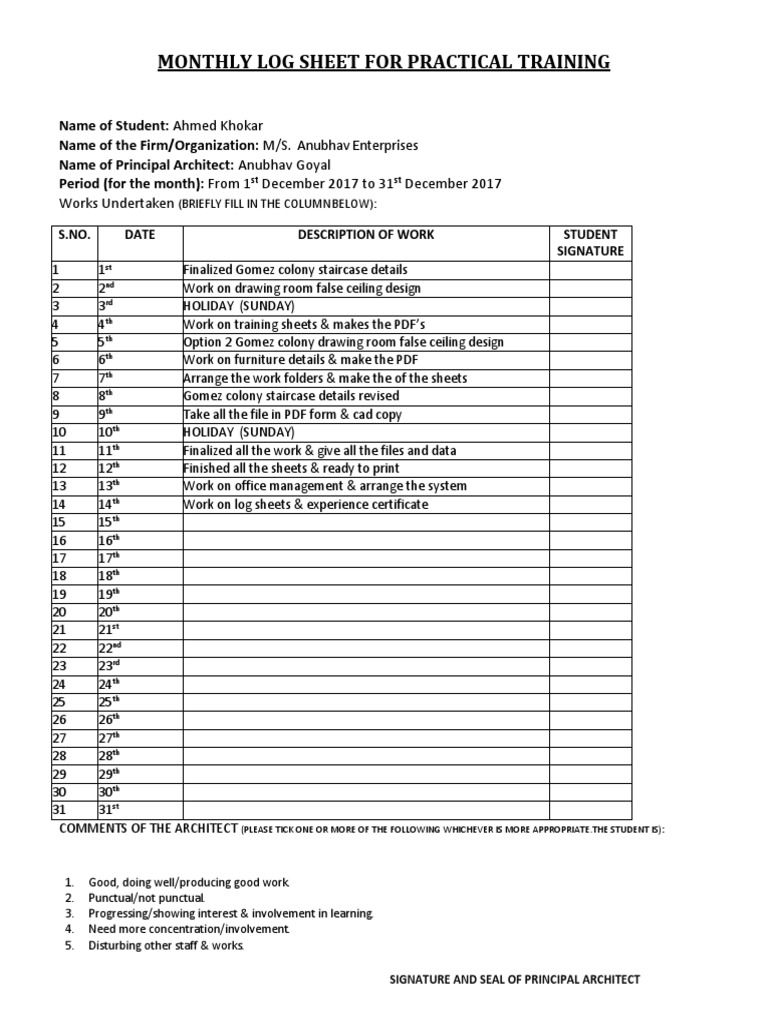 Monthly Practical Training Log Sheet | PDF