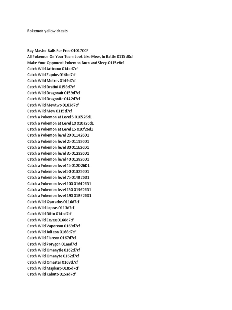 Pokemon Yellow Cheats | PDF | Fictional Life Forms | Nintendo Franchises
