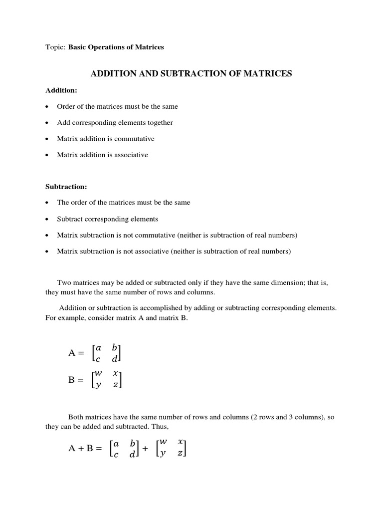Addition and Subtraction of Matrices | Download Free PDF | Matrix ...