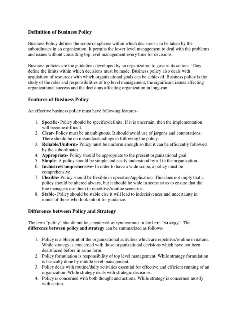 Definition of Business Policy: Difference Between Policy and Strategy ...