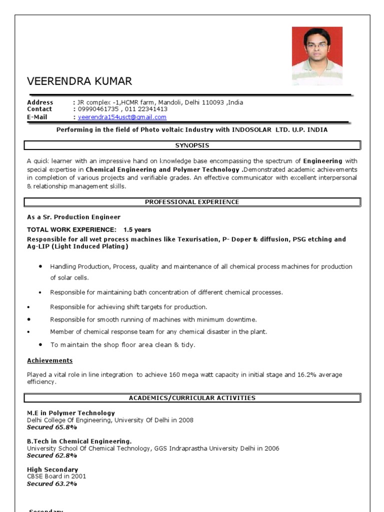 Veerendra Kumar: Total Work Experience: 1.5 Years | PDF | Solar Cell ...
