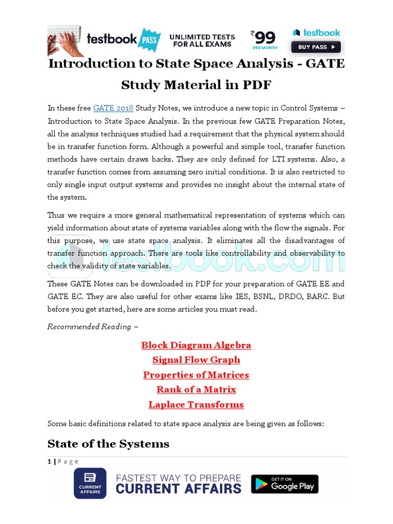 Introduction To State Space Analysis - GATE Study Material in PDF | PDF ...