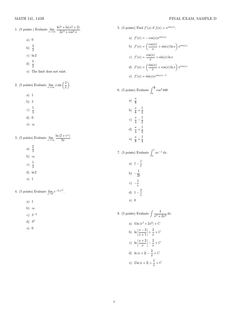MATH 141, 141H Final Exam, Sample D: 2 2 3 2 0 Sin (X) | PDF | Sine | Pi