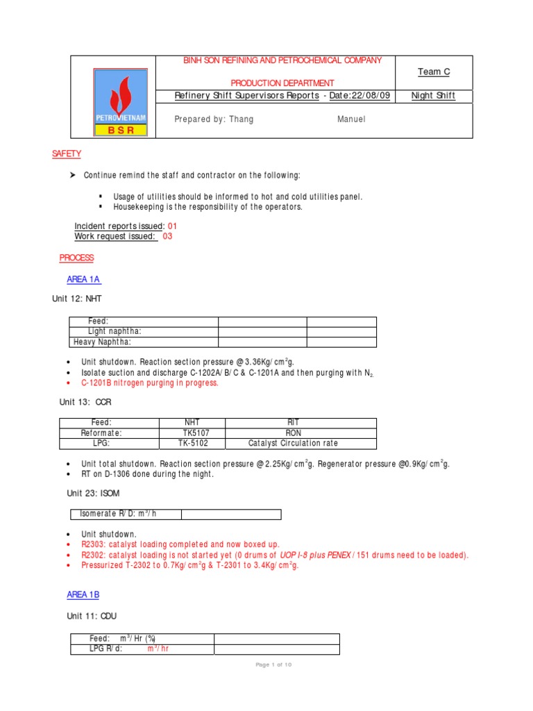 Refinery Shift Supervisors Reports - Night Shift | PDF | Oil Refinery ...