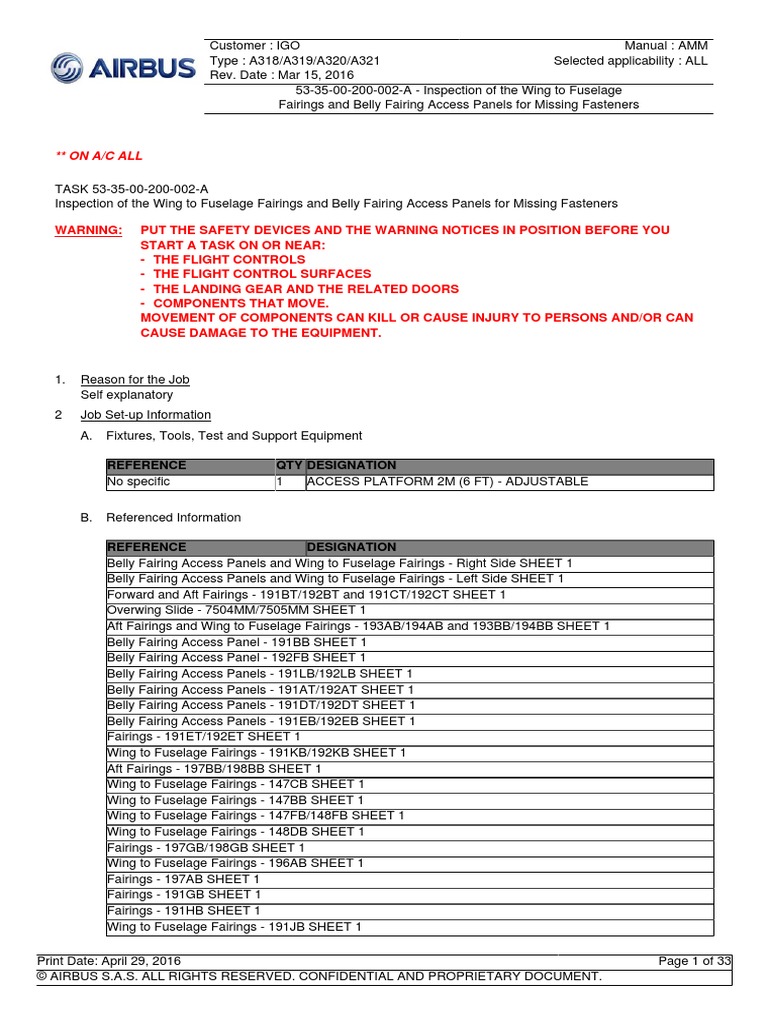 Inspection of The Wing To Fuselage Fairings and Belly Fairing Access ...