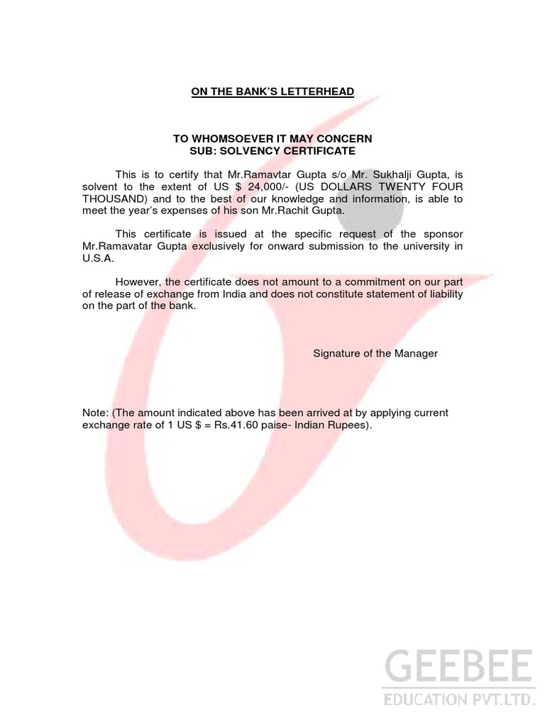 Solvency Certificate Letter Bank US $ 24,000 Sponsor Son University | PDF
