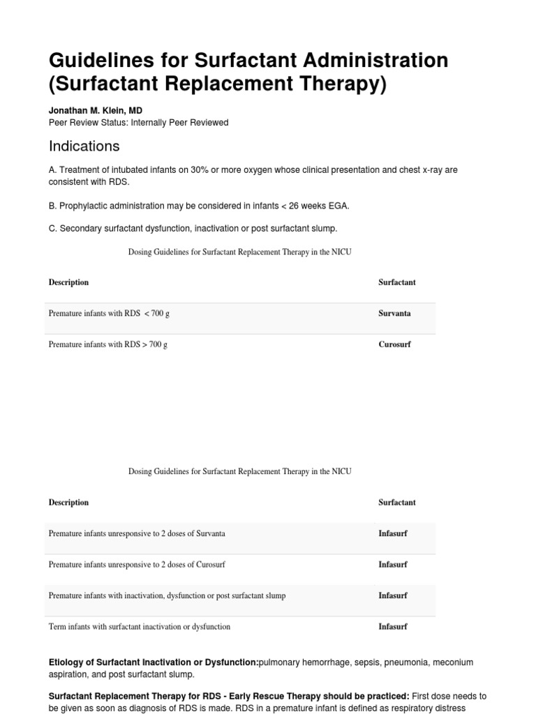 Surfactant Therapy Guidelines for RDS | PDF | Neonatal Intensive Care ...