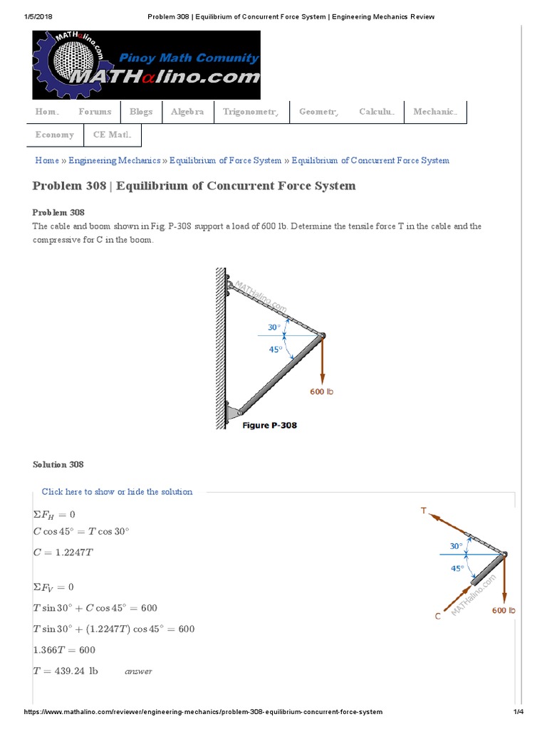 Problem 308 - Equilibrium of Concurrent Force System - Engineering ...