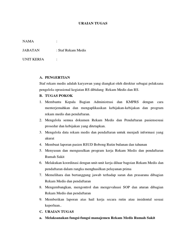 Tugas dan Wewenang Staf Rekam Medis | PDF
