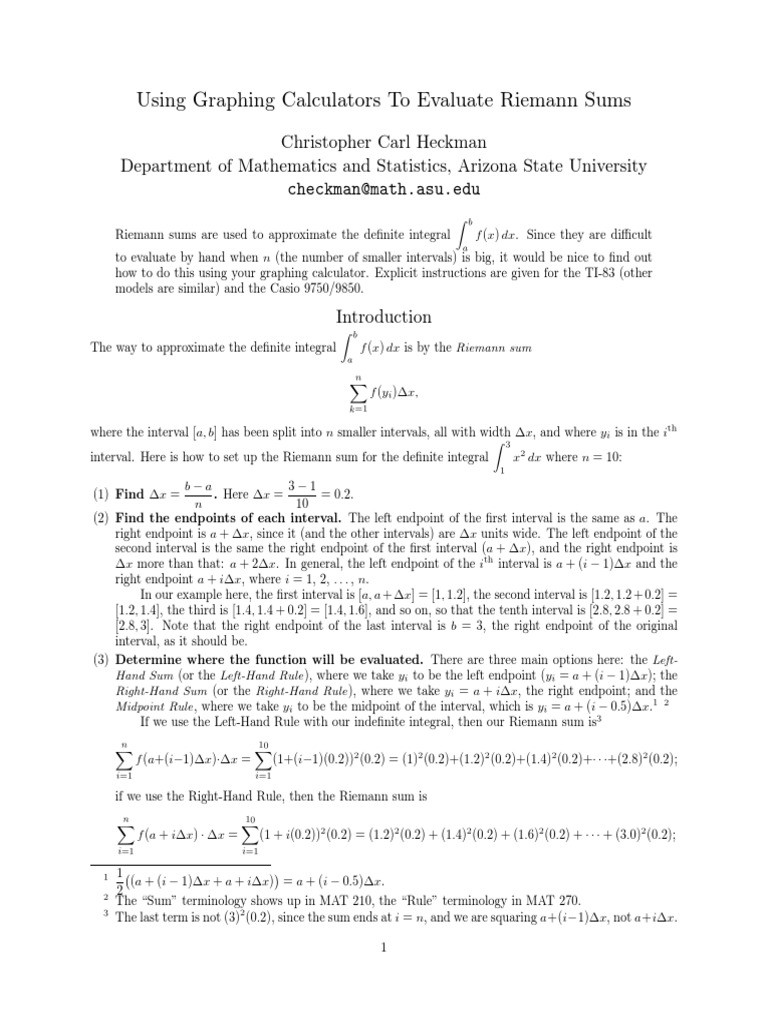 Evaluating Riemann Sums Using Graphing Calculators Instructions For Ti 83 And Casio 9750 9850
