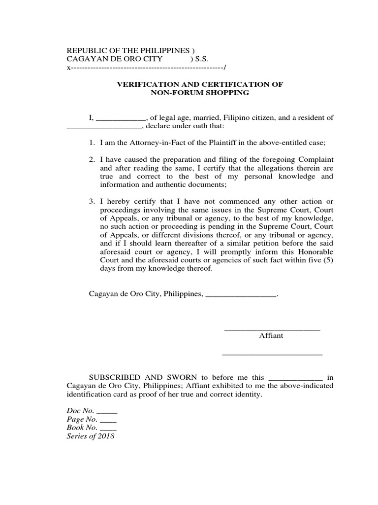 Non-Forum Shopping Certification Form | PDF