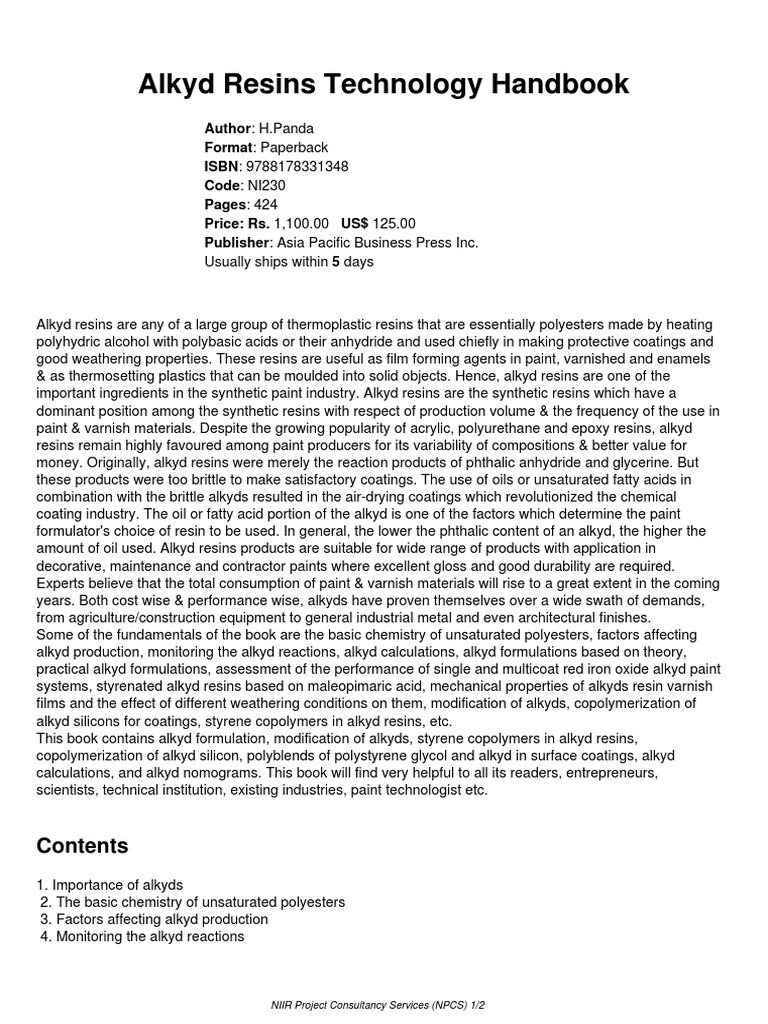 Alkyd Resins Technology Handbook | PDF | Varnish | Paint