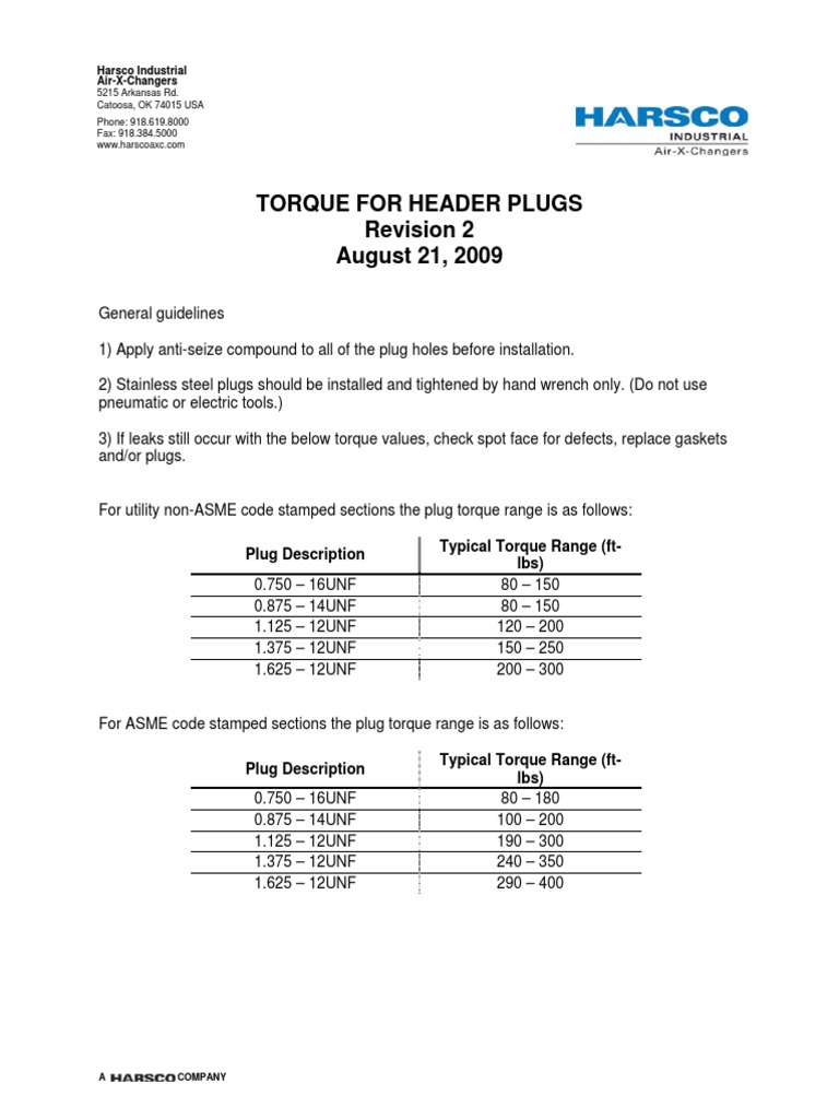 Torque For Header Plugs Rev 2 | PDF