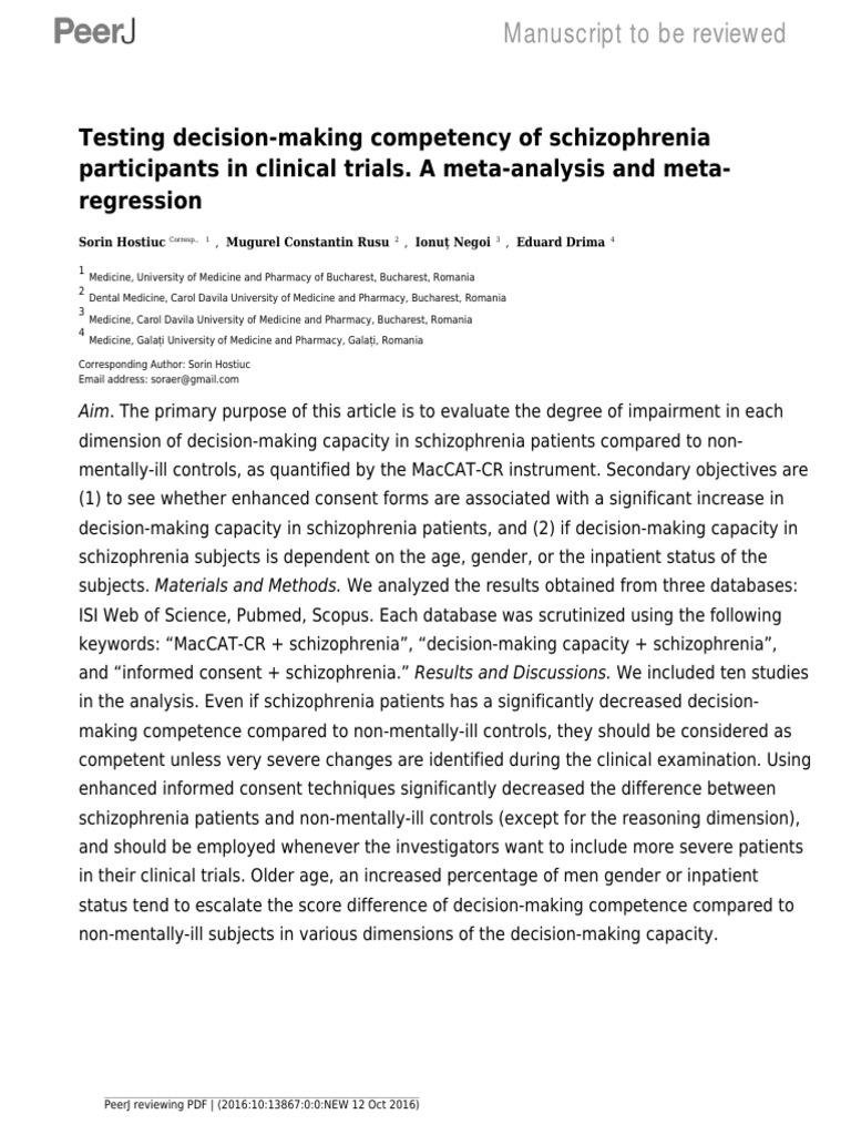 Assessing Decision-Making Competency in Schizophrenia Patients: A Meta ...