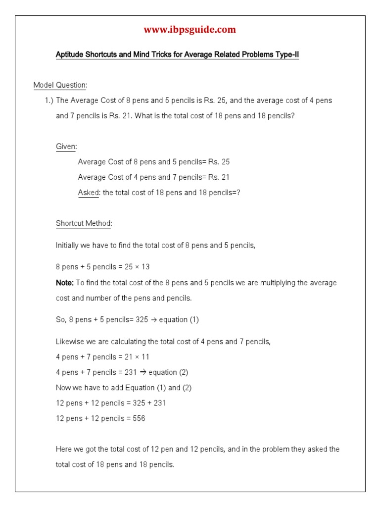 Aptitude Shortcuts and Mind Tricks For Average Related Problems Type ...