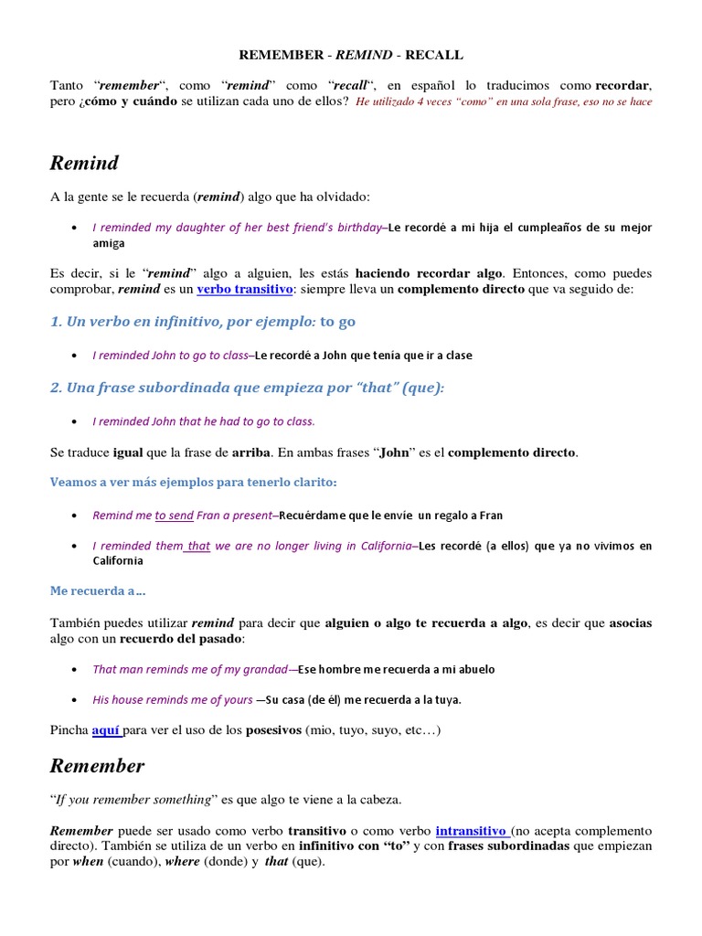 Remind | PDF | Verbo | Relaciones sintácticas