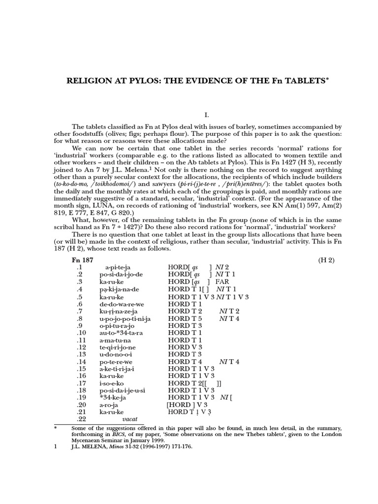 KILLEN - Religion at Pylos-The Evidence of The FN Tablets | PDF ...