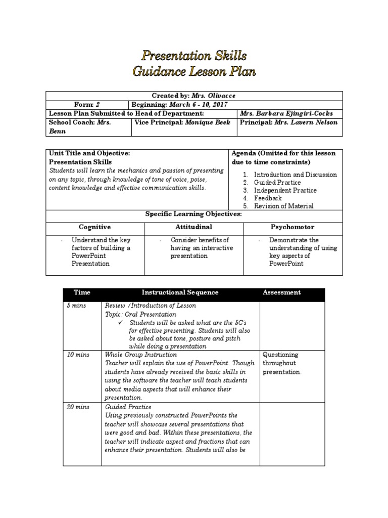 Presentation Skills Lesson | PDF | Lesson Plan | Neuropsychological ...