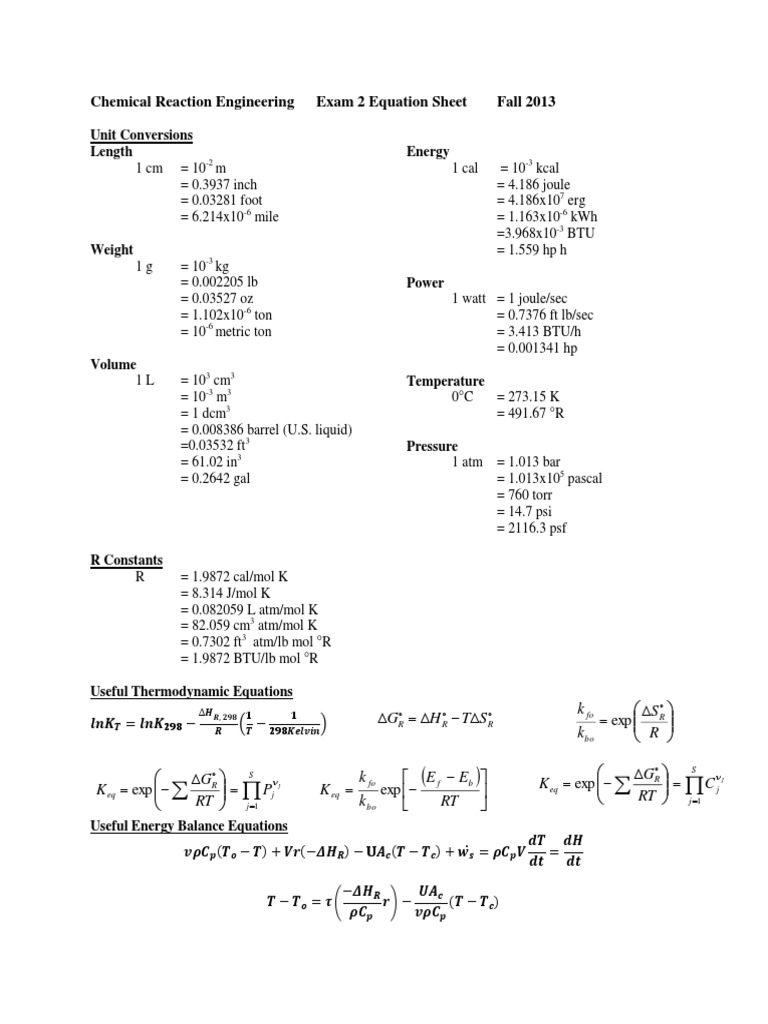 Chemical Reaction Engineering Exam 2 Equation Sheet Fall 2013 | PDF ...