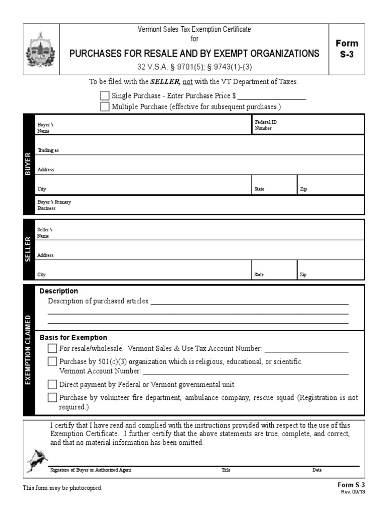 Purchases For Resale and by Exempt Organizations: Form S-3 | PDF | Use ...