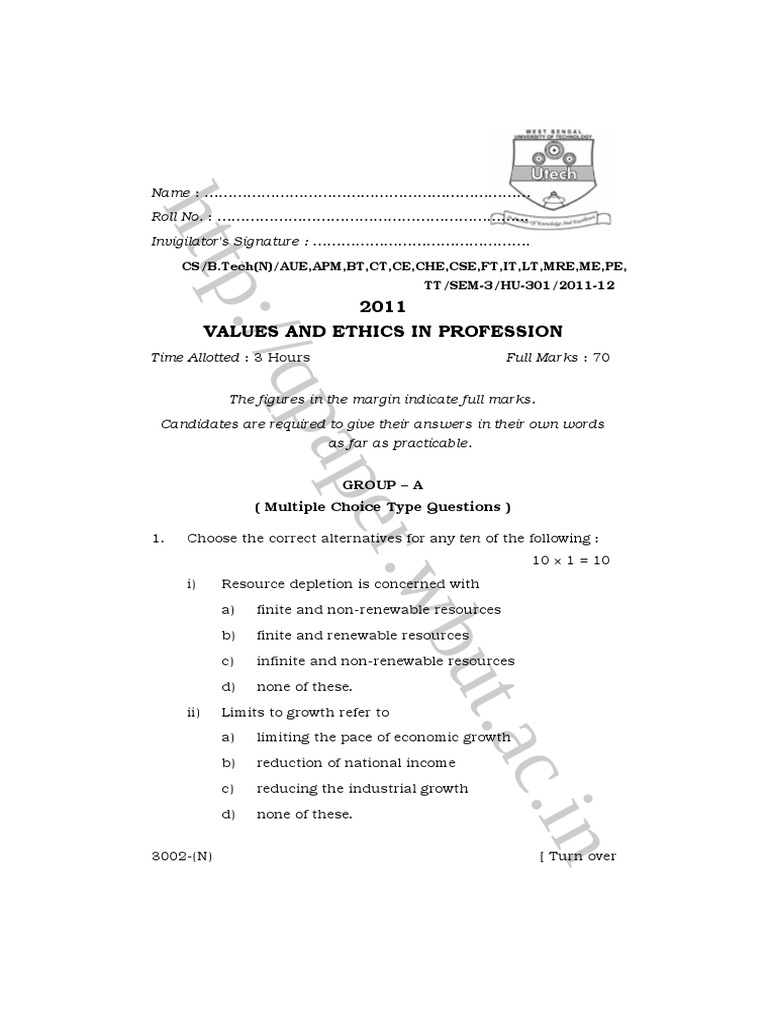 WBUT Values and Ethics Exam Paper | PDF | Economies | Politics (General)