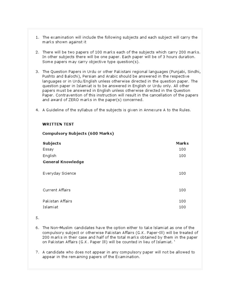 The Examination Will Include The Following Subjects and Each Subject ...