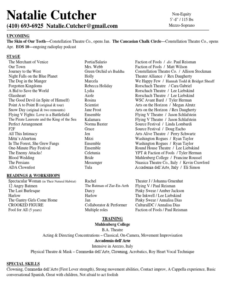 Natalie Cutcher Resume Only | PDF | Theatre | Leisure