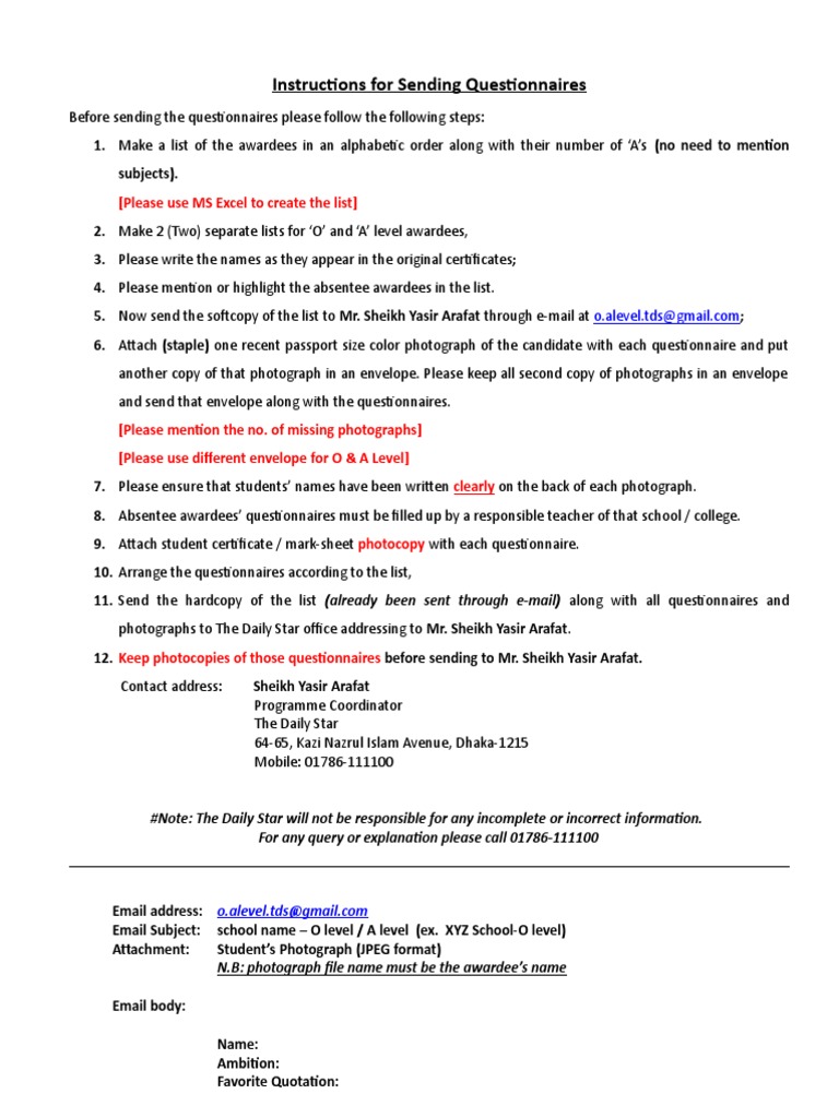 Instructions For Sending Questionnaires: (Please Use MS Excel To Create ...