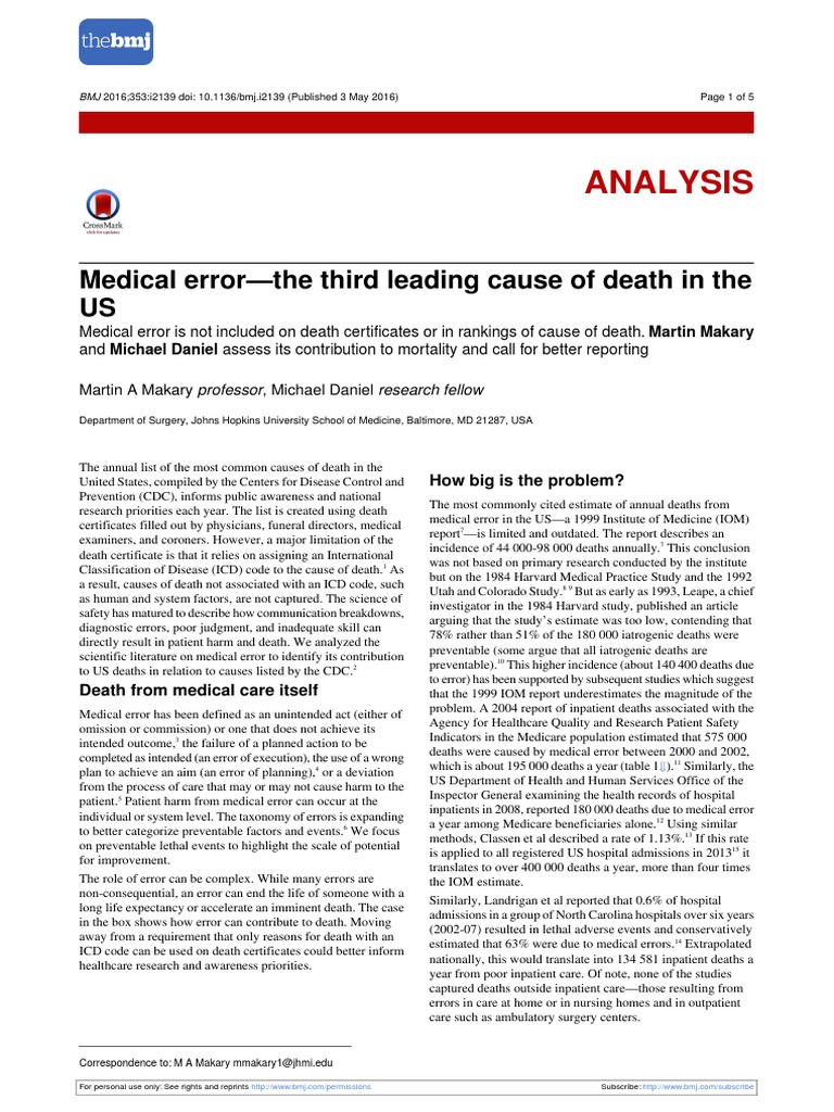 Analysis: Medical Error-The Third Leading Cause of Death in The US ...