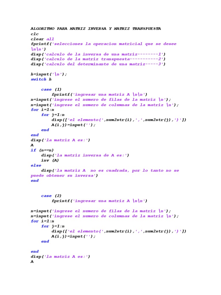 Algoritmo para Matriz Inversa y Matriz Transpuesta | PDF