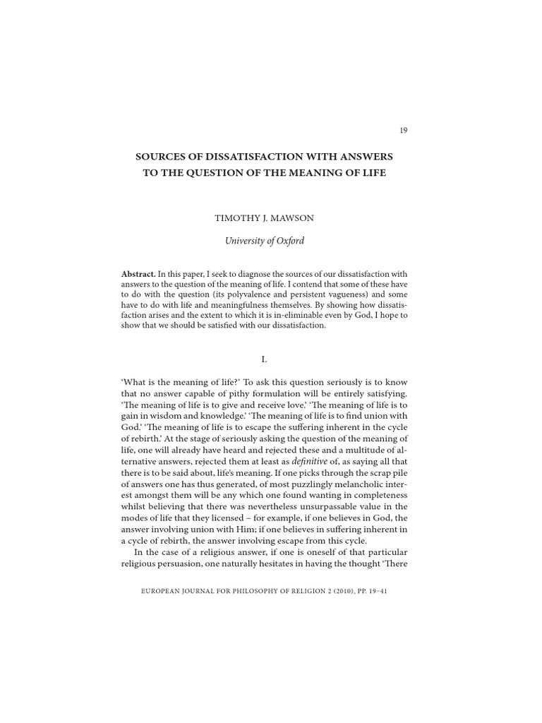 Timothy J. Mawson, SOURCES OF DISSATISFACTION WITH ANSWERS TO THE ...